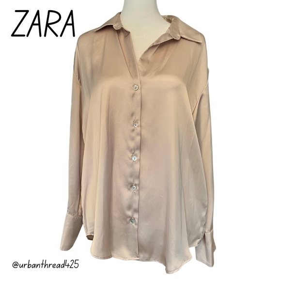 Zara | Tops | Nwt Zara Satin Button Down Collared Shirt In Light Cream ...